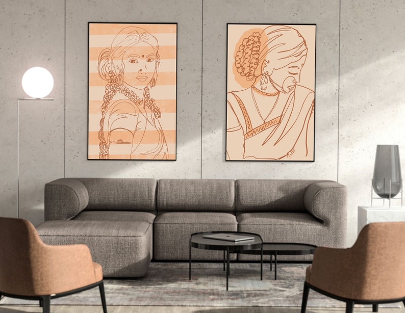 South Asian Indian Women Boho Desi Art Poster Print I One Line - Etsy