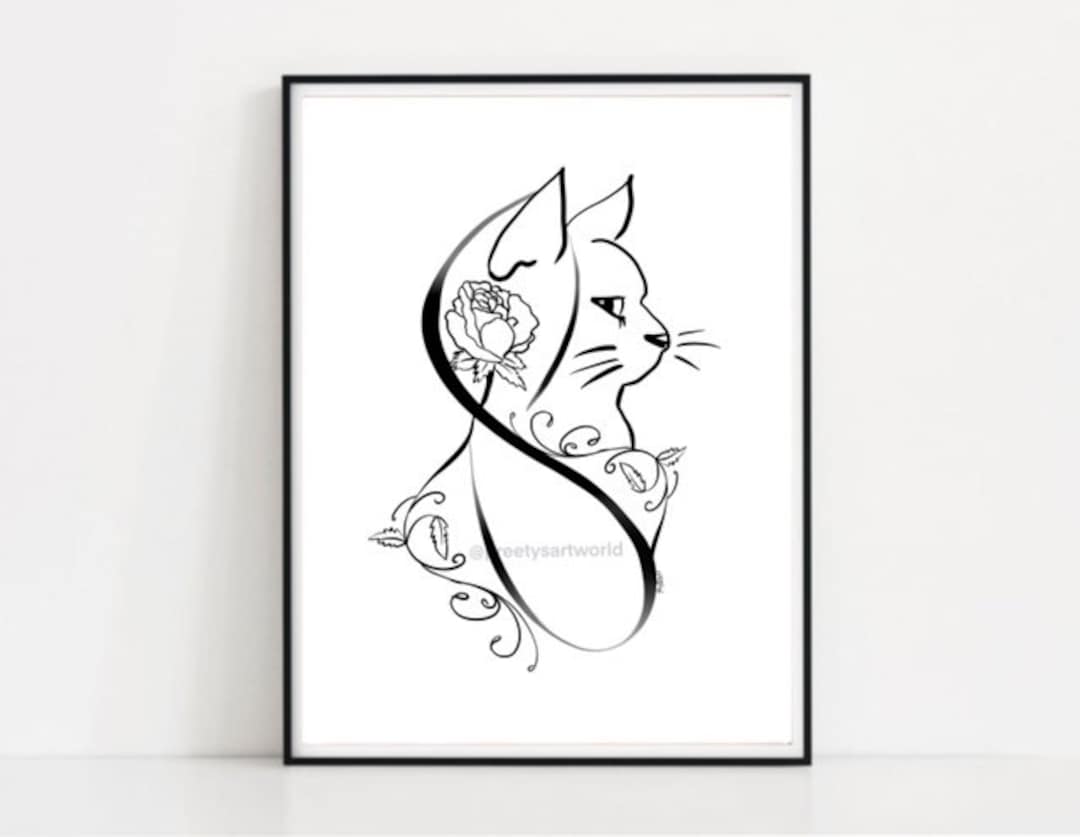 Cat Infinity Flowers Line Art Poster I Minimal Decor I Minimal Cat ...