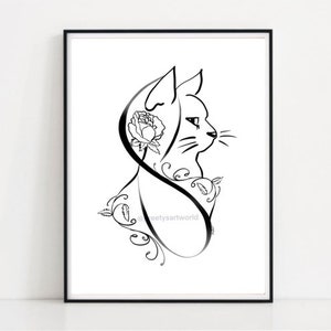 Cat Infinity Flowers Line Art Poster I Minimal Decor I Minimal Cat ...