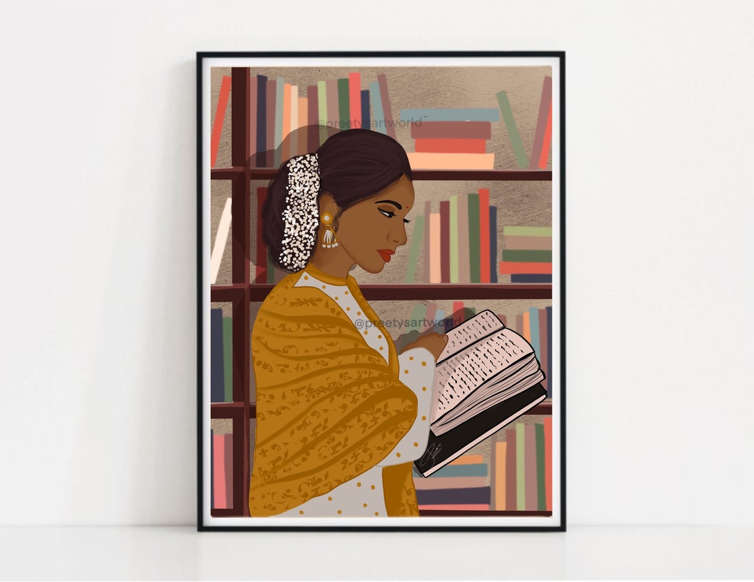Indian Women Reading Book in Library in Suit Boho Desi Art Illustartion ...
