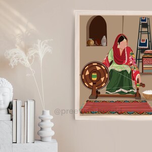 Punjabi Women Spinning the Charkha in Phulkari Art Print, Indian Ethnic ...