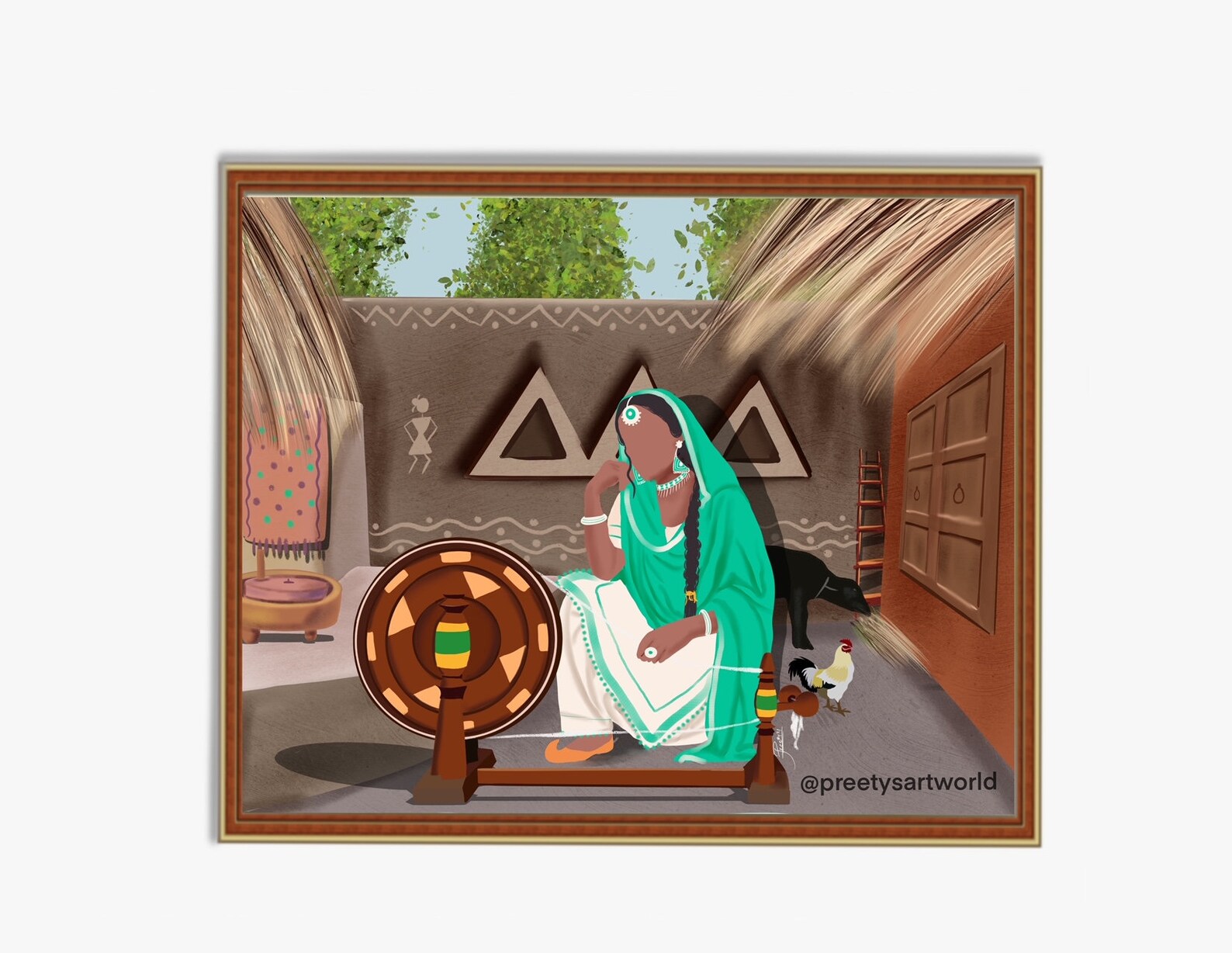 Punjabi Women in Suit Spinning the Charkha Art Print, Indian Ethnic ...