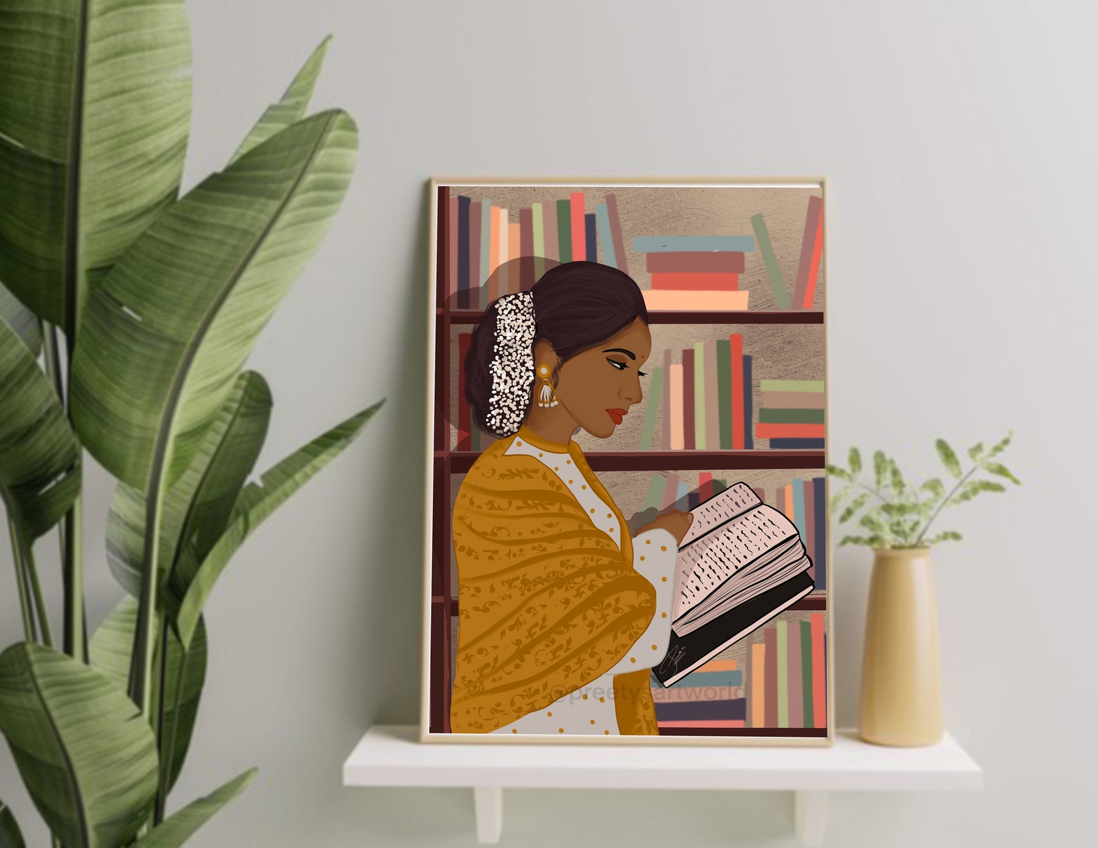 Indian Women Reading Book in Library in Suit Boho Desi Art Illustartion ...