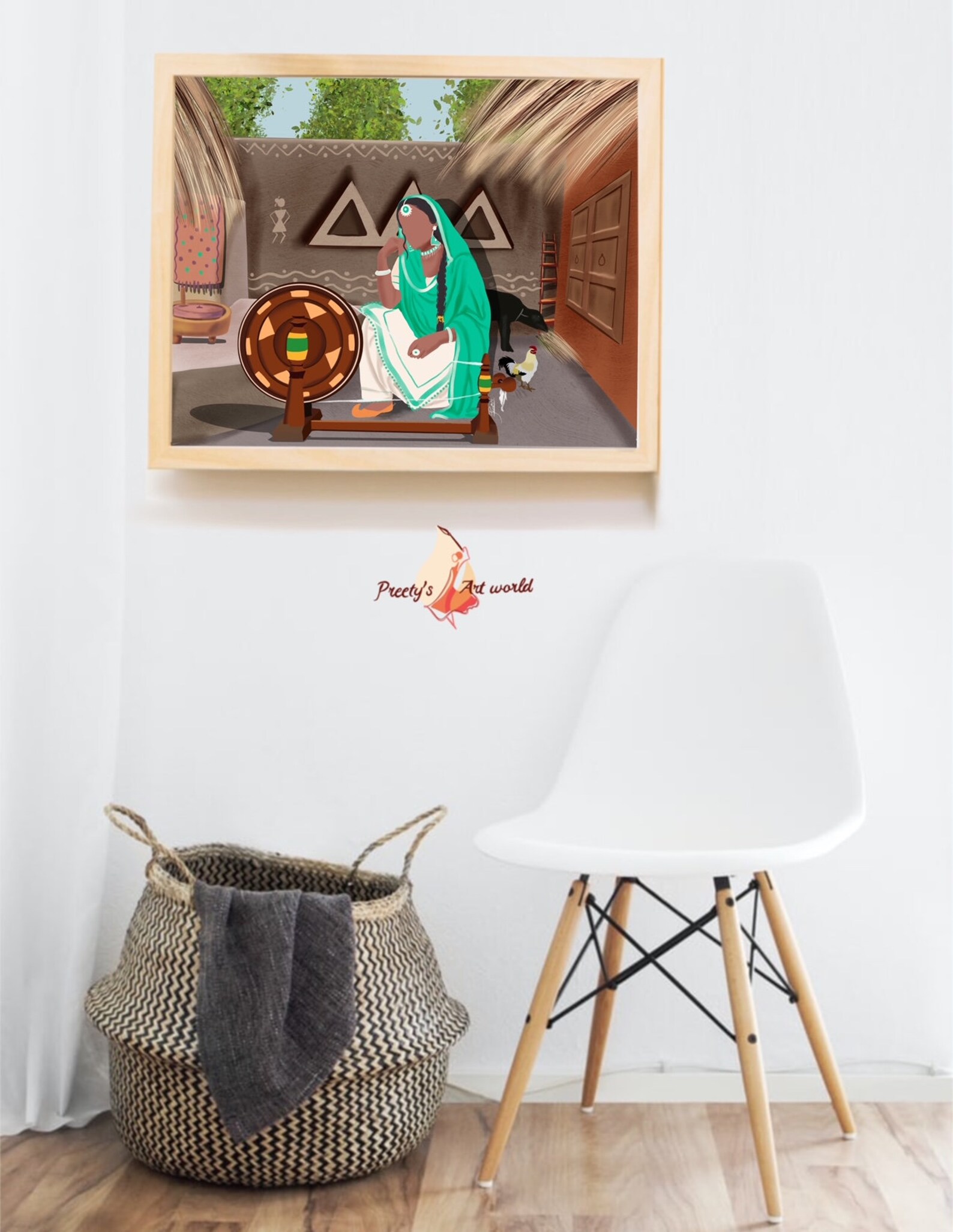 Punjabi Women in Suit Spinning the Charkha Art Print, Indian Ethnic ...