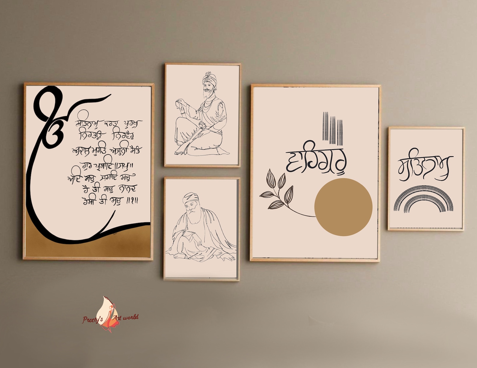 Set of 5 Sikh Wall Art I Sikh Guru Lineart Wall Decor I Digital Mid ...