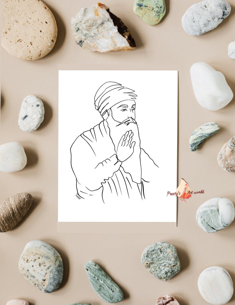 Guru Arjan Dev Ji Sikh Guru Line Art Illustration Print I Sikh God Wall ...
