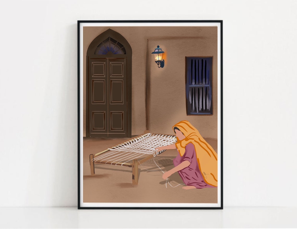 Punjabi Women Making Manja Art Illustration Print Living Room | Etsy