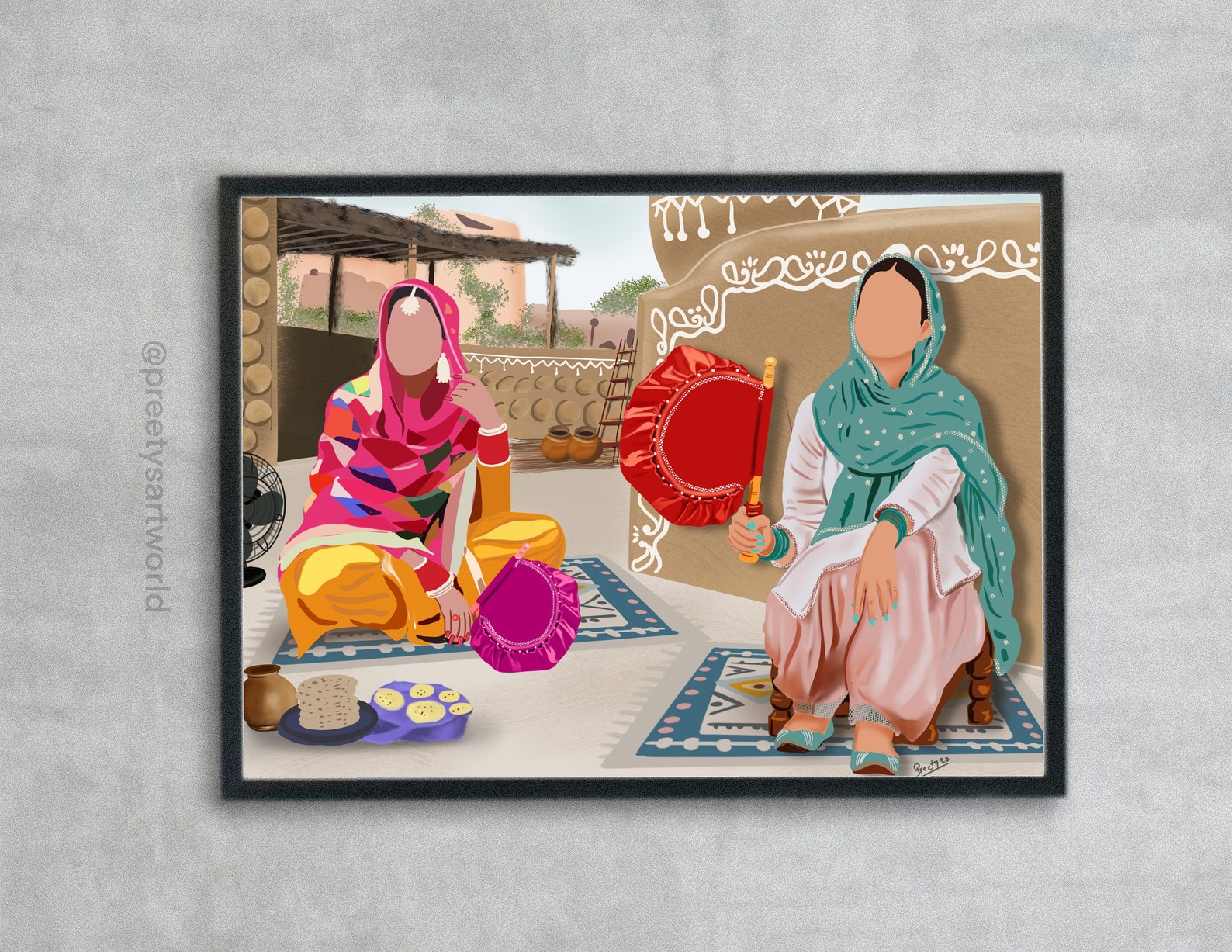 Sikh Women With Punjabi Pakhi Hand Fan Art Poster Print I Indian Home ...