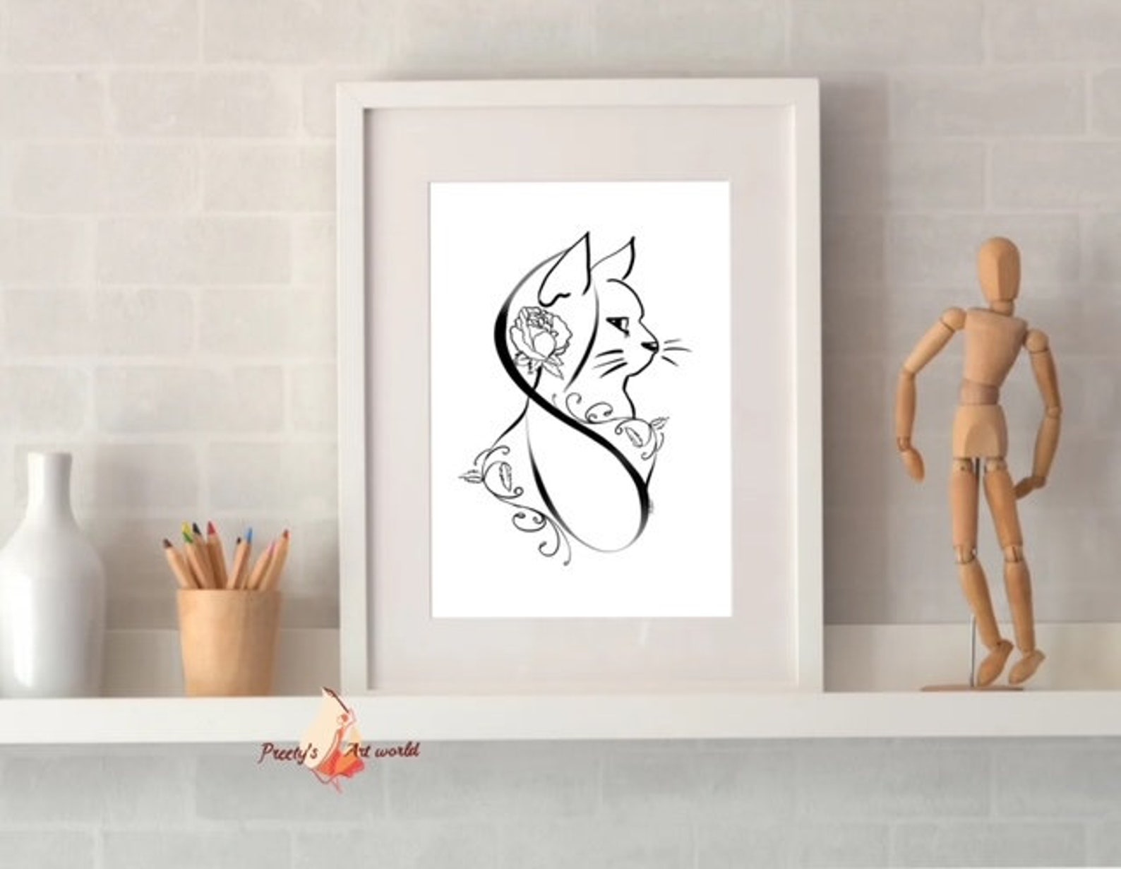 Cat Infinity Flowers Line Art Poster I Minimal Decor I Minimal Cat ...