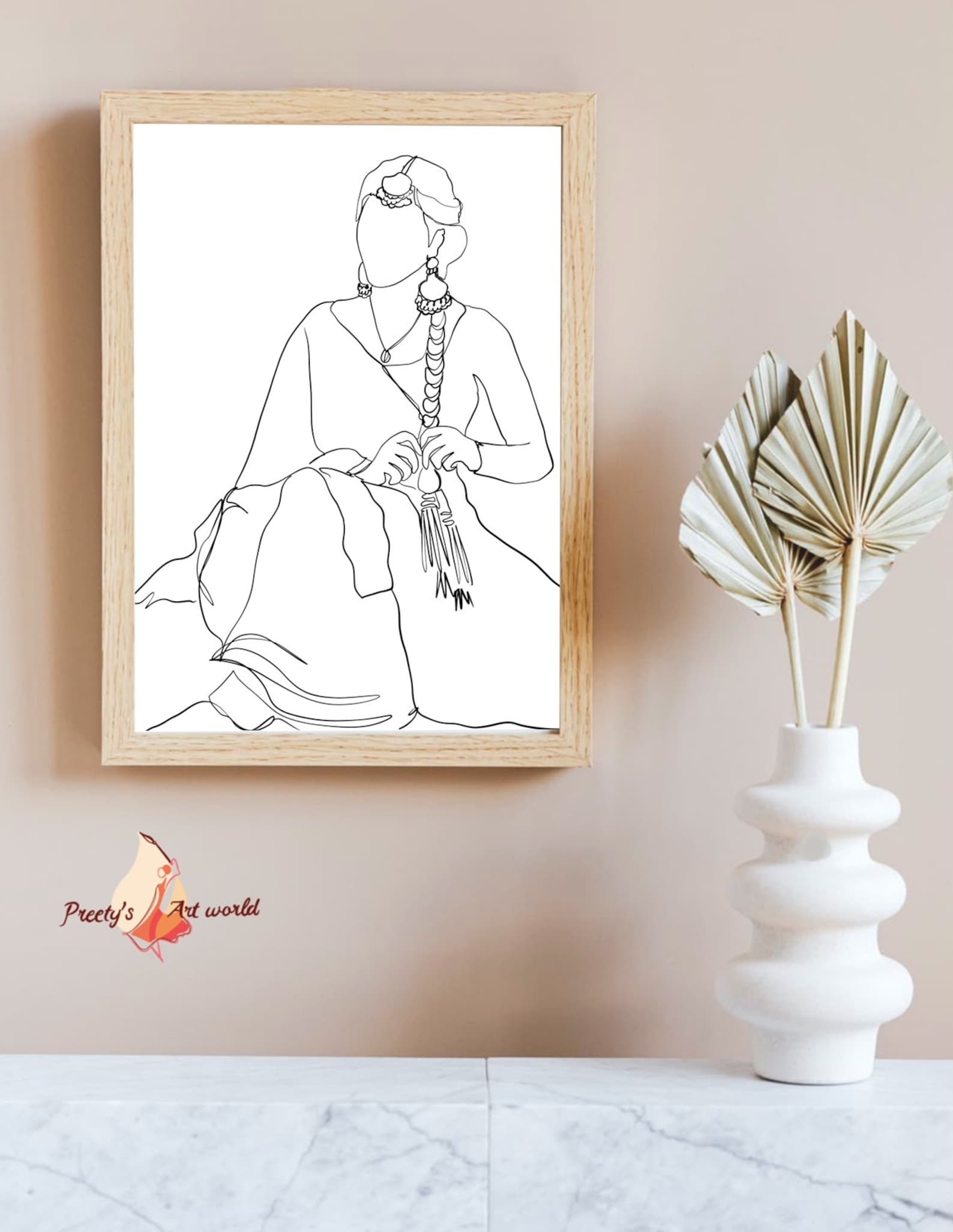 Minimalist Punjaban Making Braid Line Art | Woman Line Drawing ...