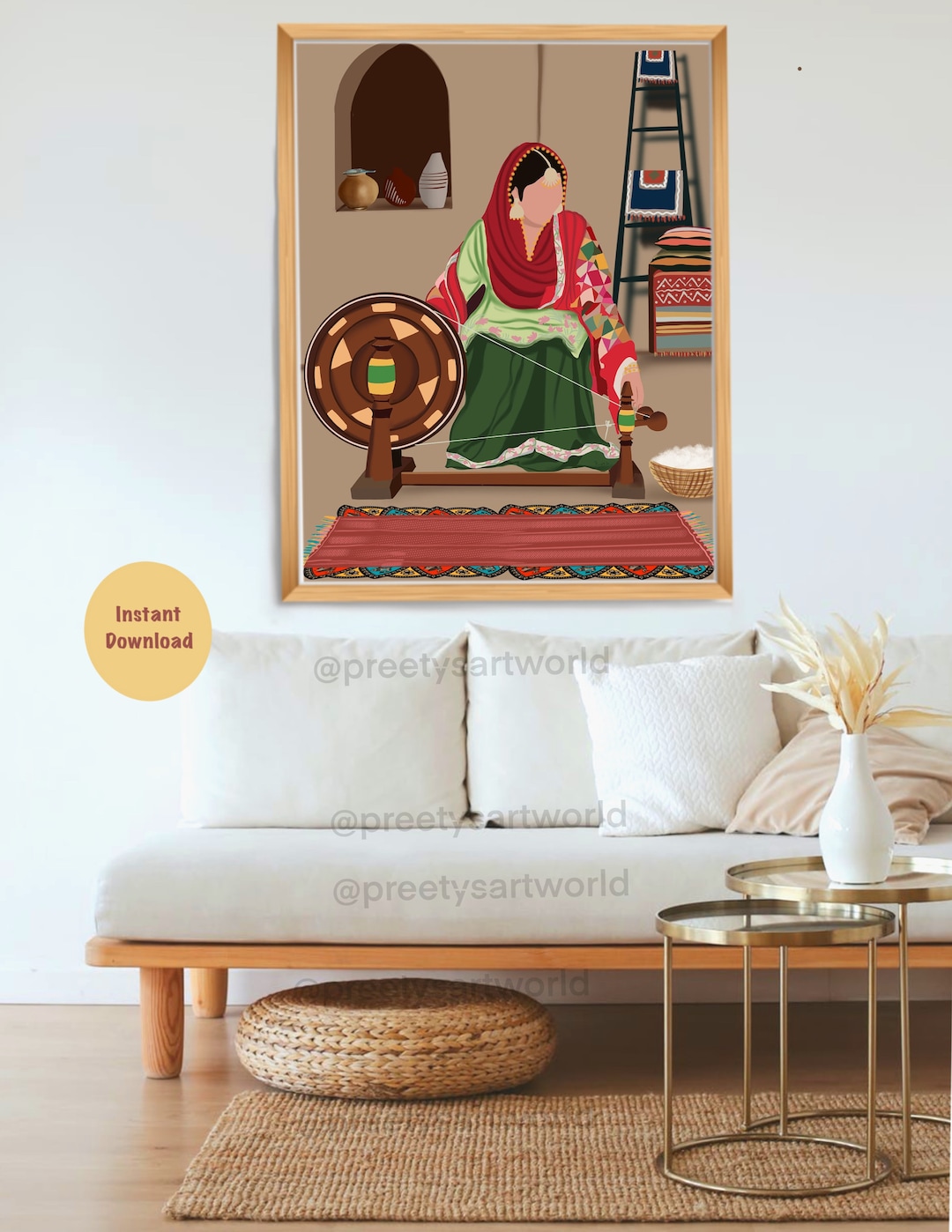 Punjabi Women Spinning the Charkha in Phulkari Art Print, Indian Ethnic ...