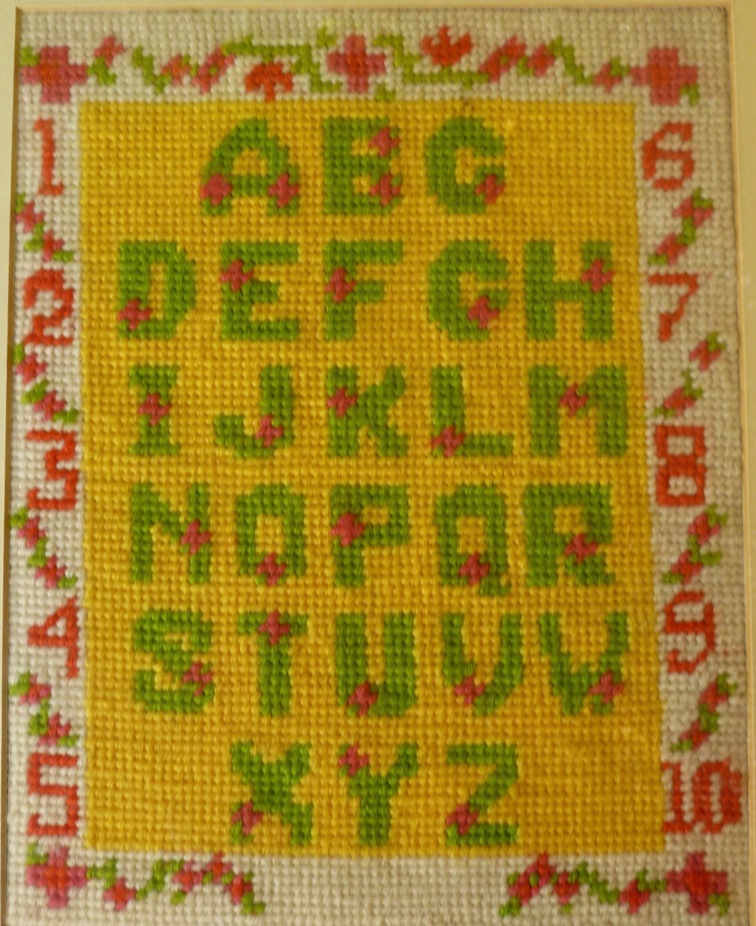 Vintage Needlepoint Mid Century Framed Art, Green Alphabet Letters on ...