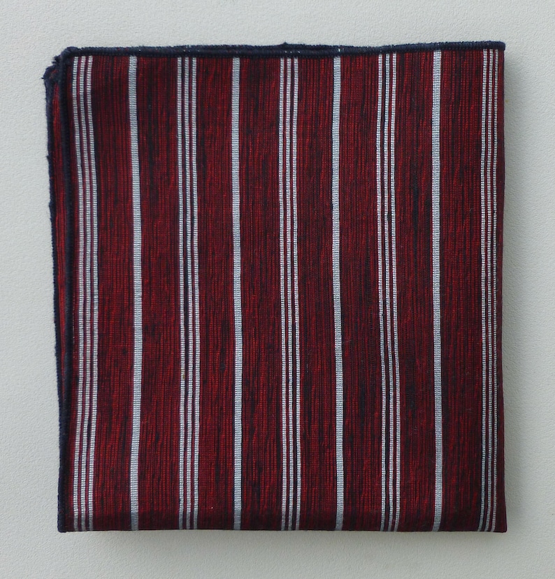 Vintage Pocket Square, Burgundy and Black Fabric, White Stripes, Subtle ...