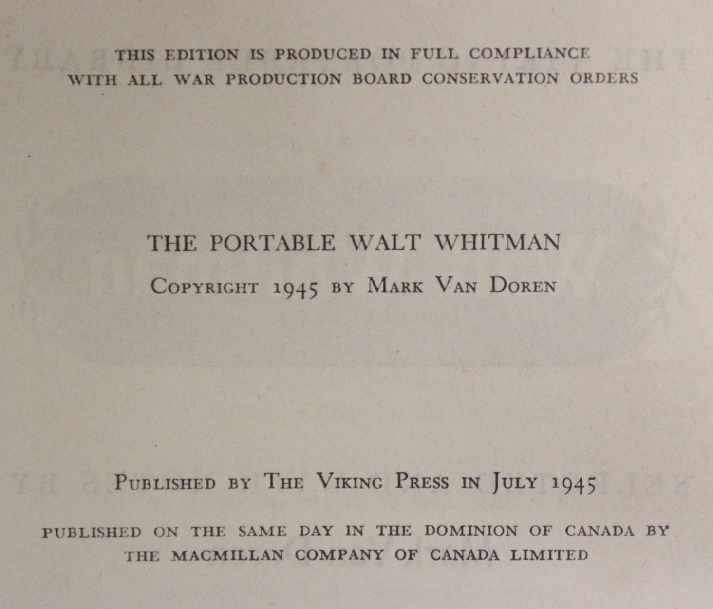 Walt Whitman Mark Van Doren MCMXLV 1945, the Viking Press, First ...