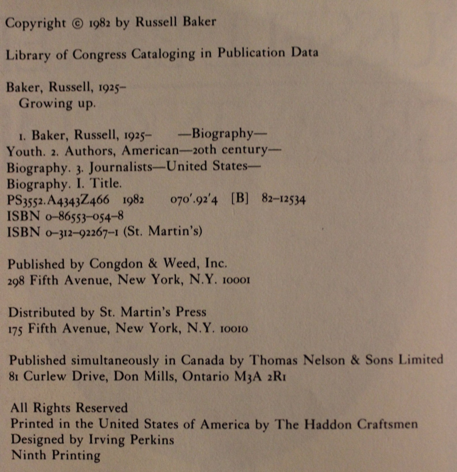 Growing up Russell Baker 1982 First Edition Ninth - Etsy UK