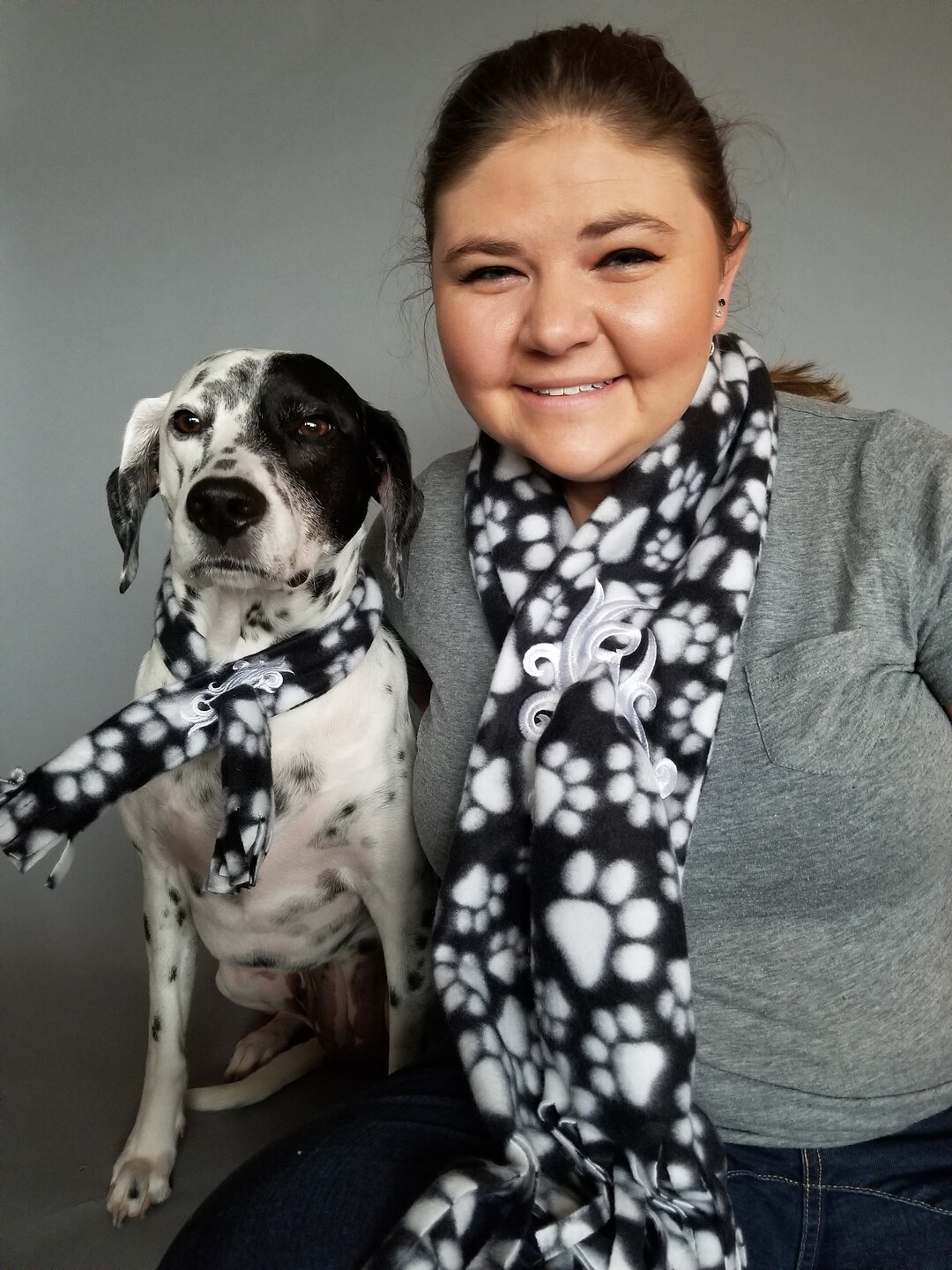 Paw Print Black and White Fleece Scarf With Embroidered Accent- Human ...