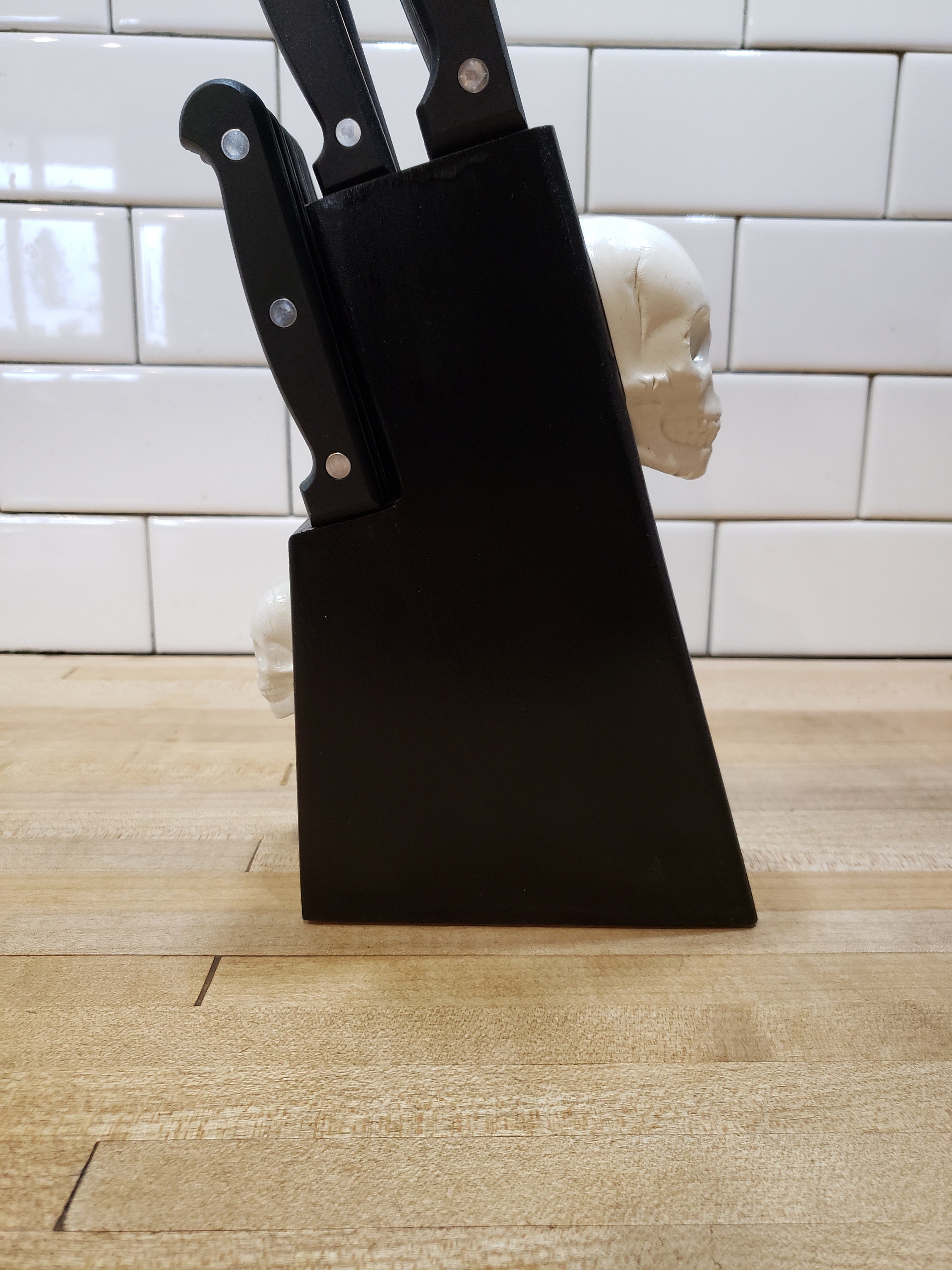White Skull Kitchen Knife Block With Knives Solid Wood Goth - Etsy