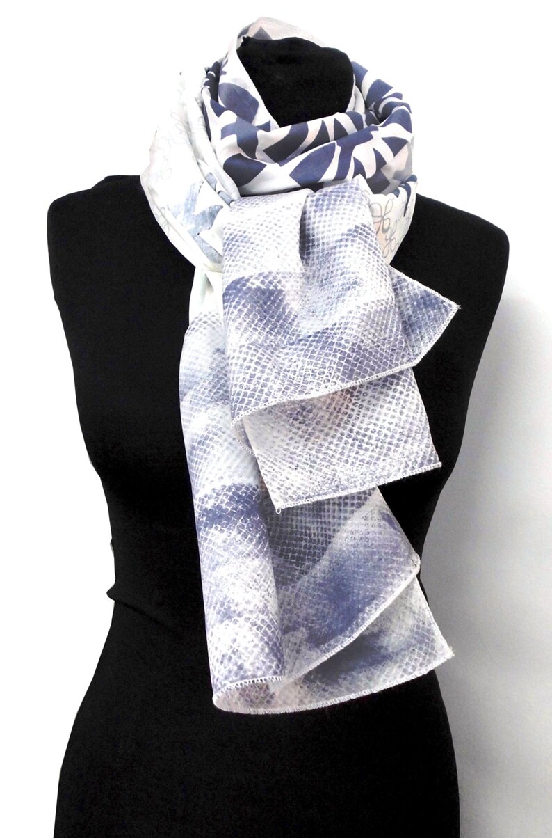Silk Scarf White and Blue Graphic Floral Print - Etsy
