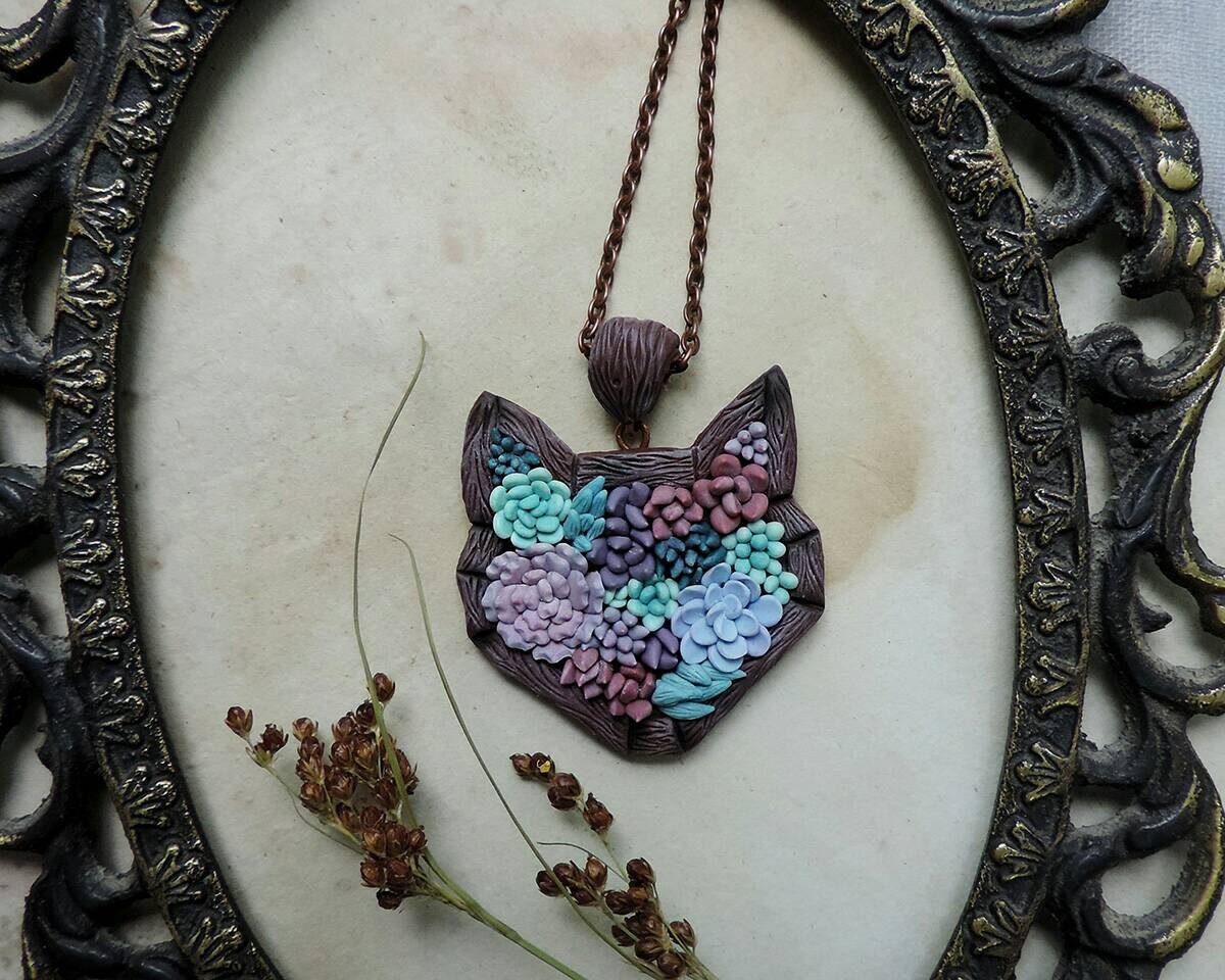 Polymer Clay Cat Head Pendant With Succulents - Etsy
