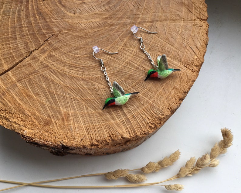 Hummingbird Dangle Earrings, Small Bird Earrings, Polymer Clay Jewelry ...