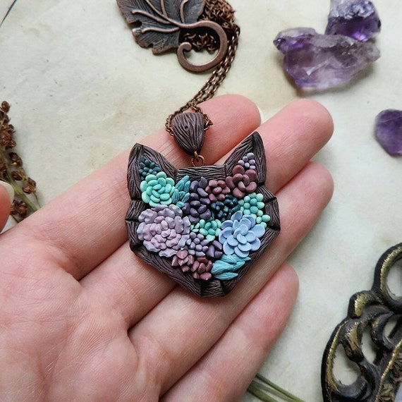 Polymer Clay Cat Head Pendant With Succulents | Etsy
