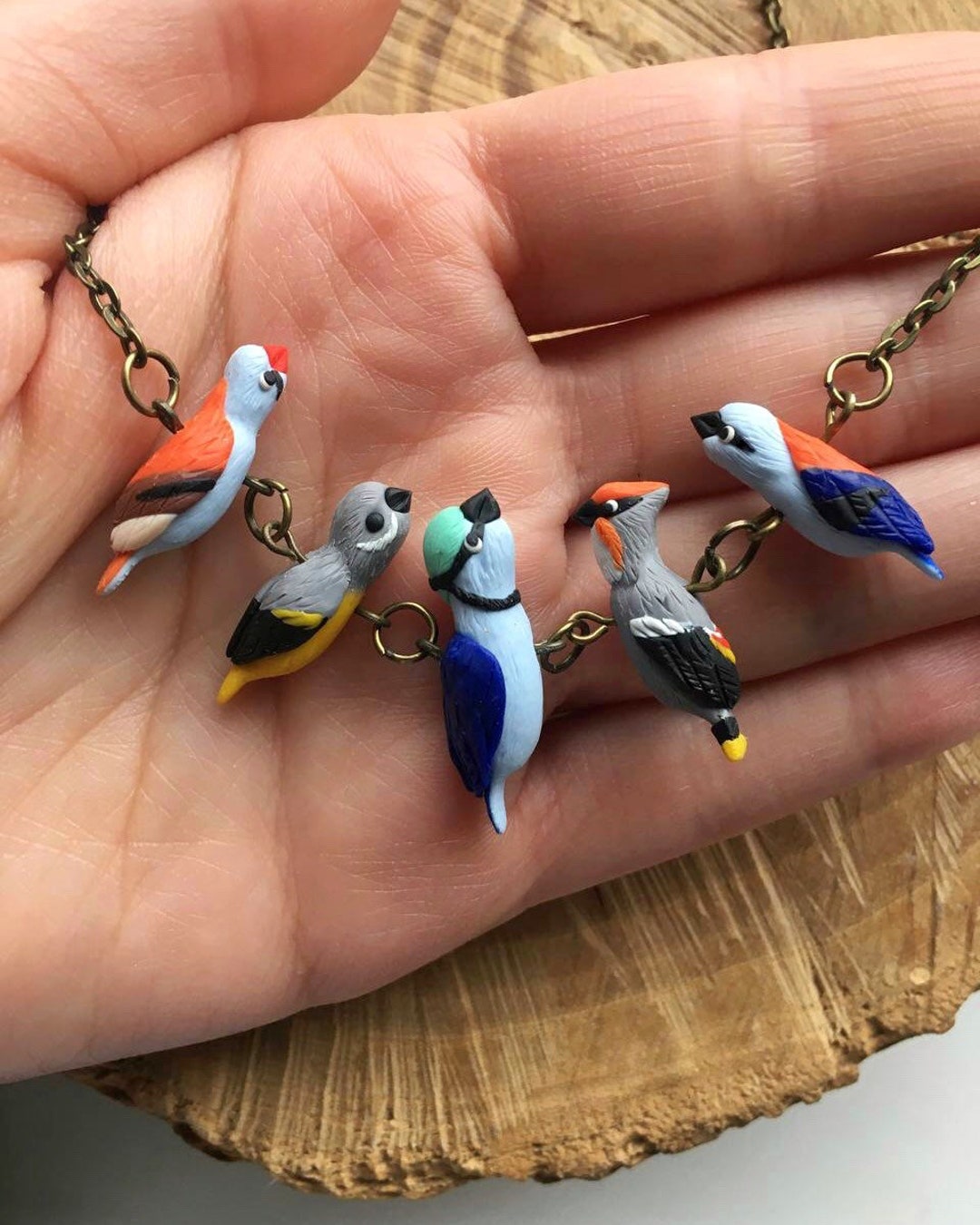 Bird Necklace, Polymer Clay Jewelry, Birds Beads, Tiny Birds, Polymer ...