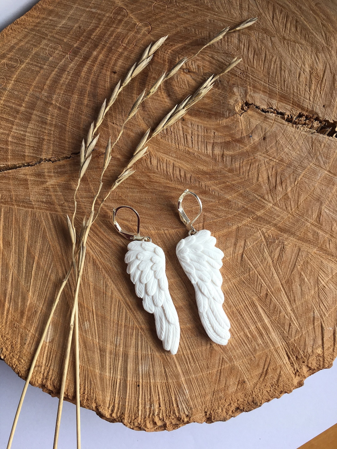 White Angel Wings Dangle Earrings, Polymer Clay Jewelry - Etsy