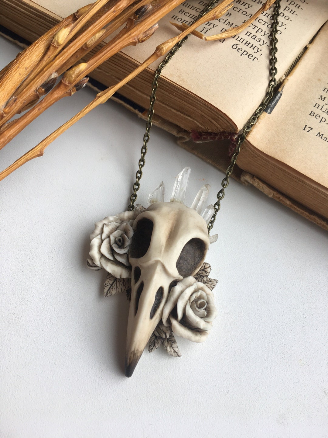 Polymer Clay Raven Crow Skull Crystal Pendant, Halloween Polymer Clay ...