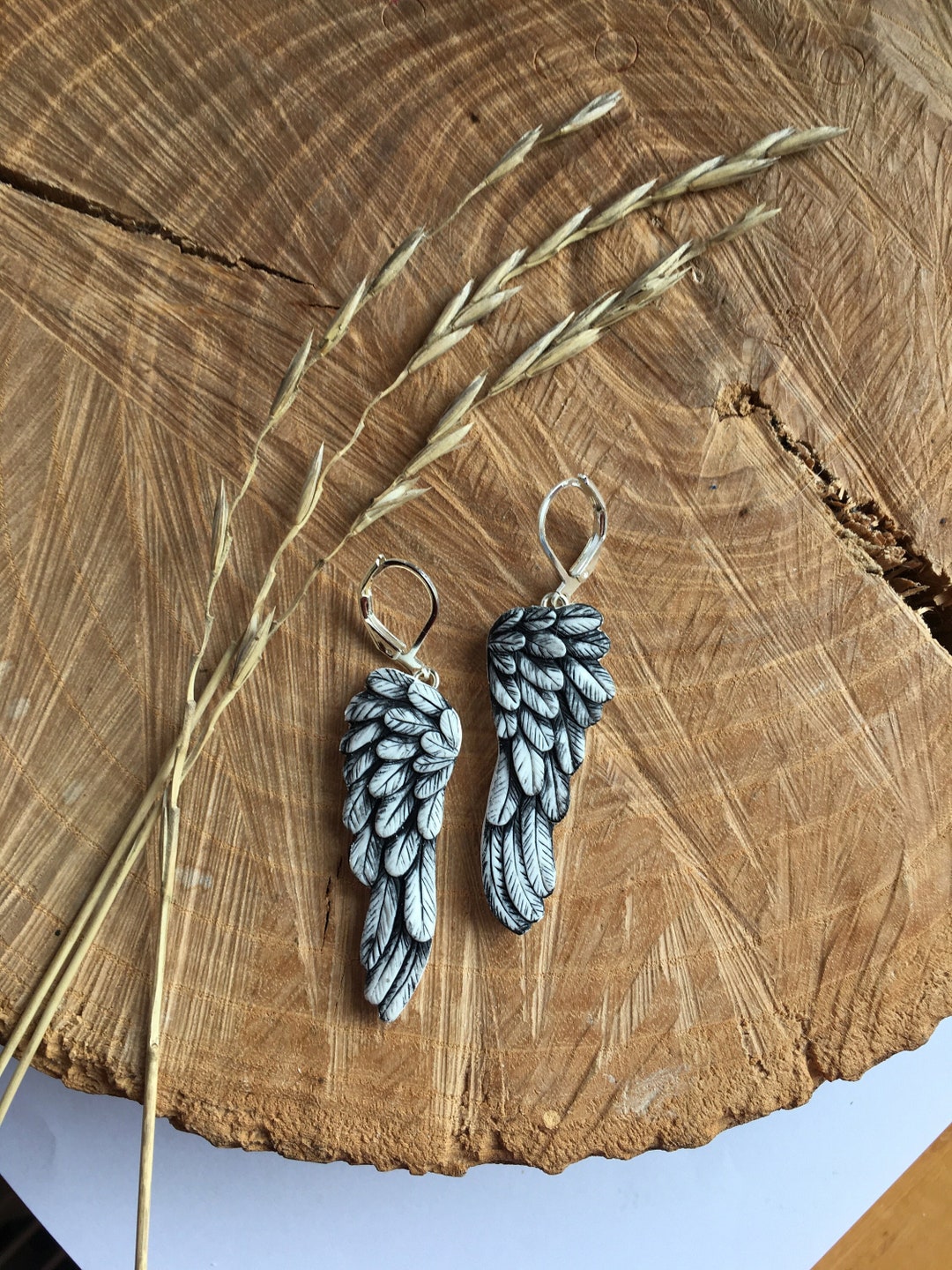 Black and White Angel Wings Dangle Earrings, Polymer Clay Jewelry - Etsy