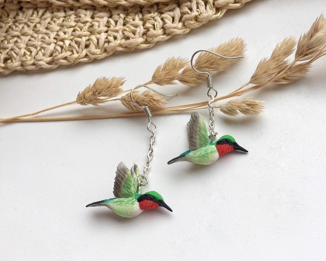 Hummingbird Dangle Earrings, Small Bird Earrings, Polymer Clay Jewelry ...