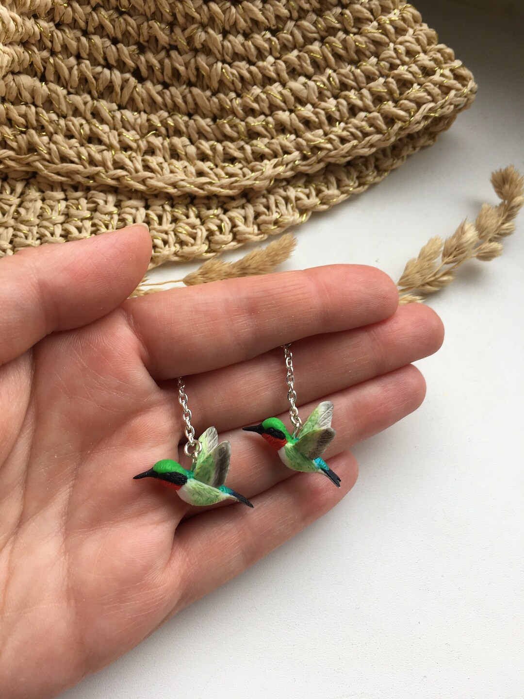 Hummingbird Dangle Earrings, Small Bird Earrings, Polymer Clay Jewelry ...