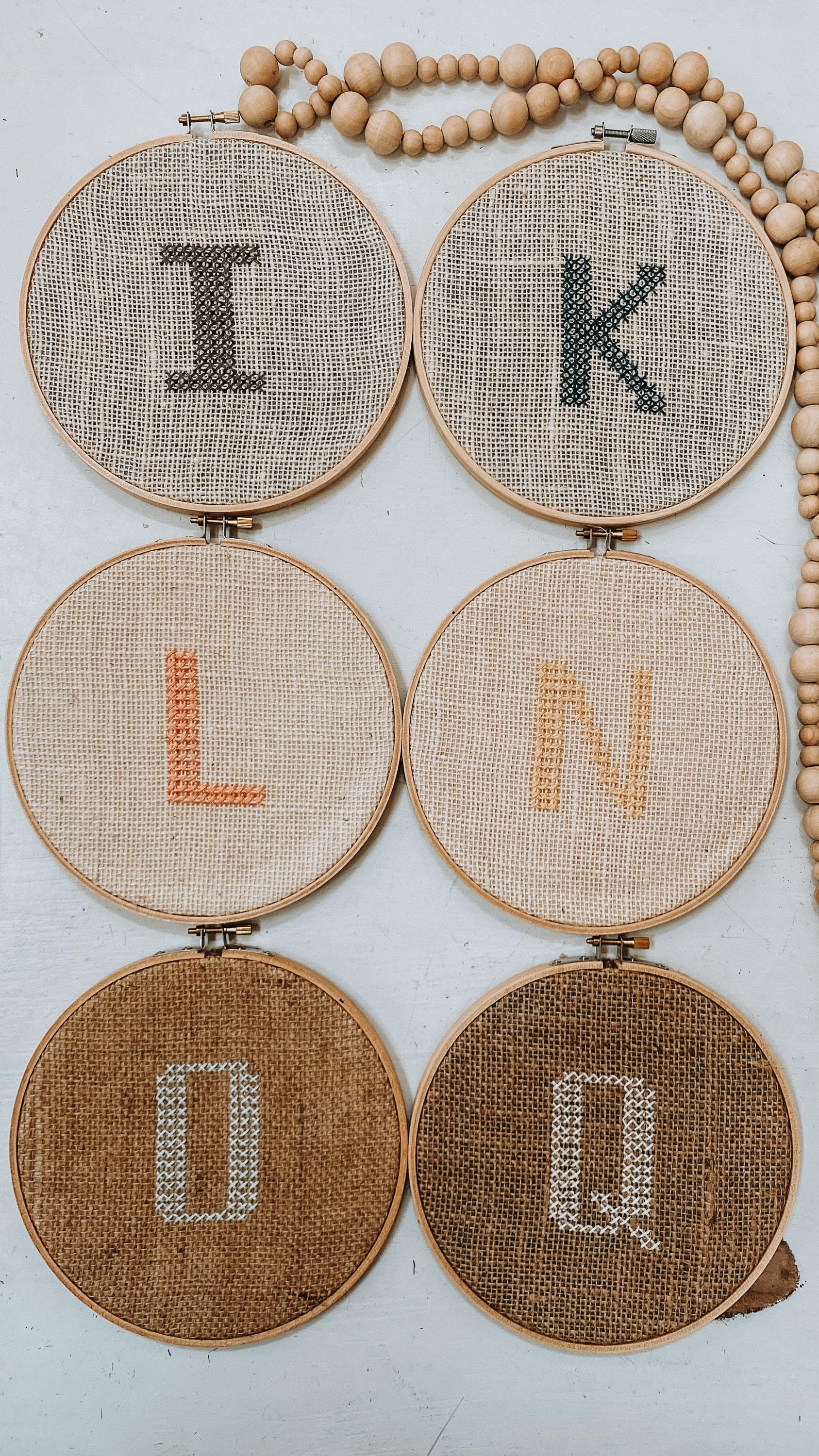 Handstitched Embroidered Letter Art - Burlap & DMC Floss in Wooden Hoop ...
