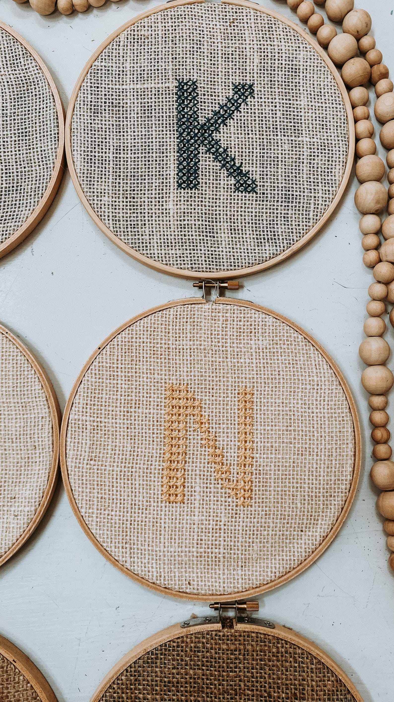 Handstitched Embroidered Letter Art - Burlap & DMC Floss in Wooden Hoop ...