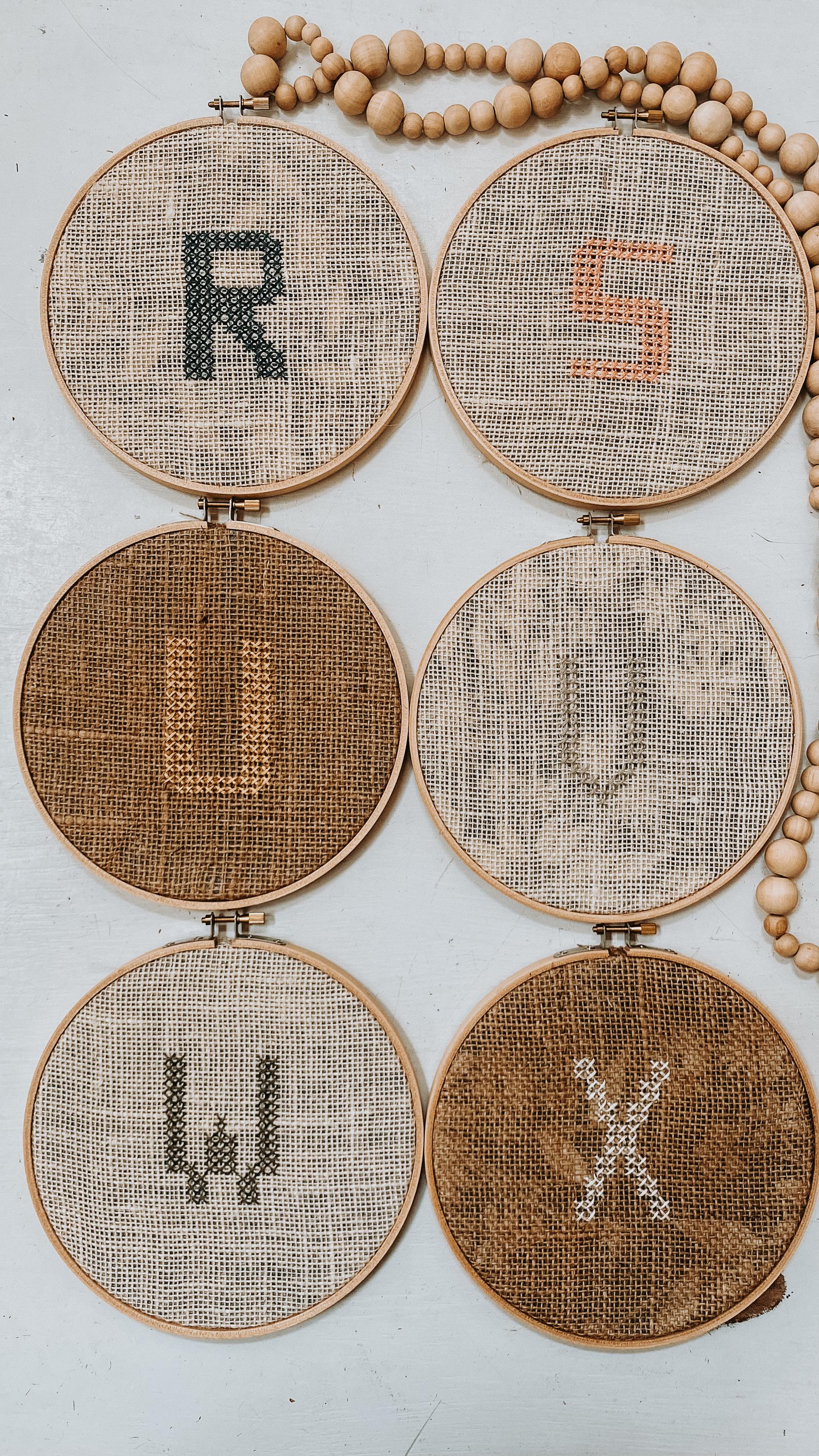 Handstitched Embroidered Letter Art - Burlap & DMC Floss in Wooden Hoop ...
