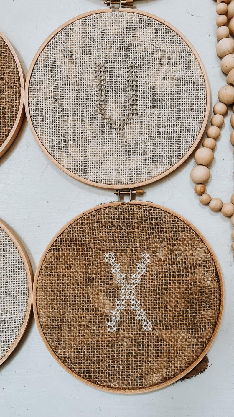 Handstitched Embroidered Letter Art - Burlap & DMC Floss in Wooden Hoop ...