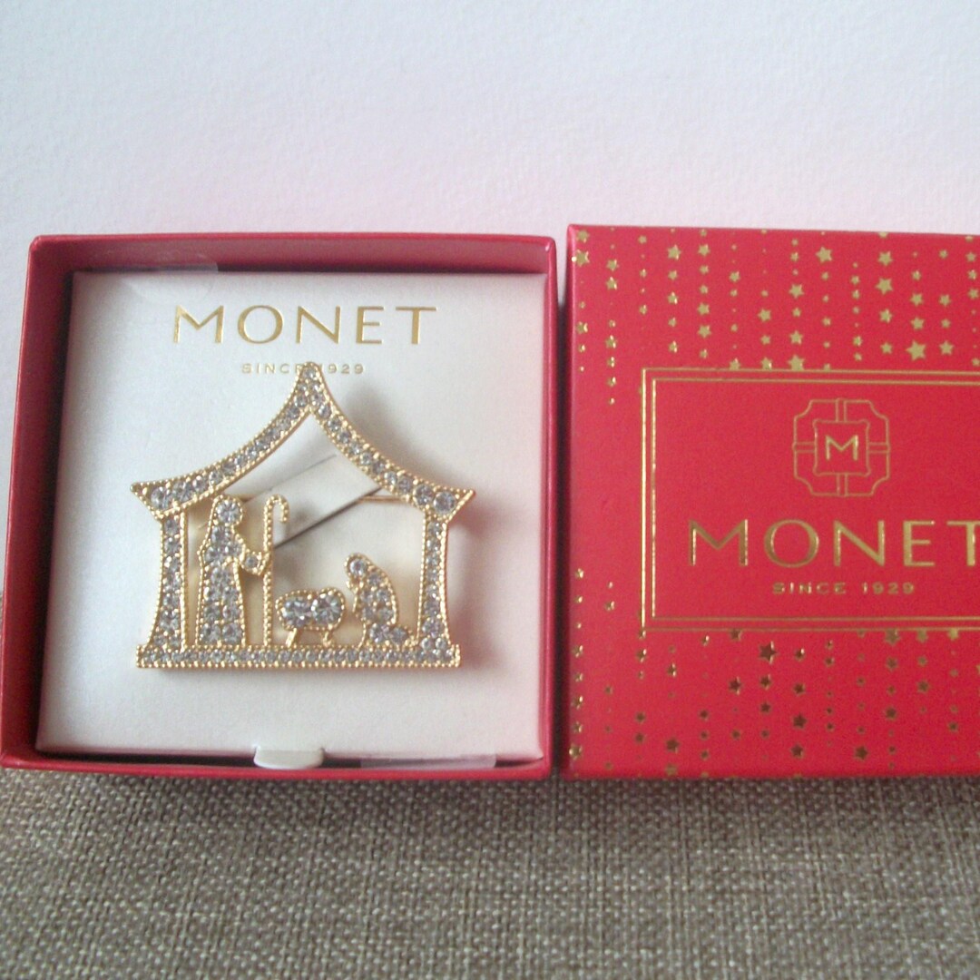 Vintage Signed MONET Brooch Pin Gold Tone Nativity Scene Clear Crystals ...