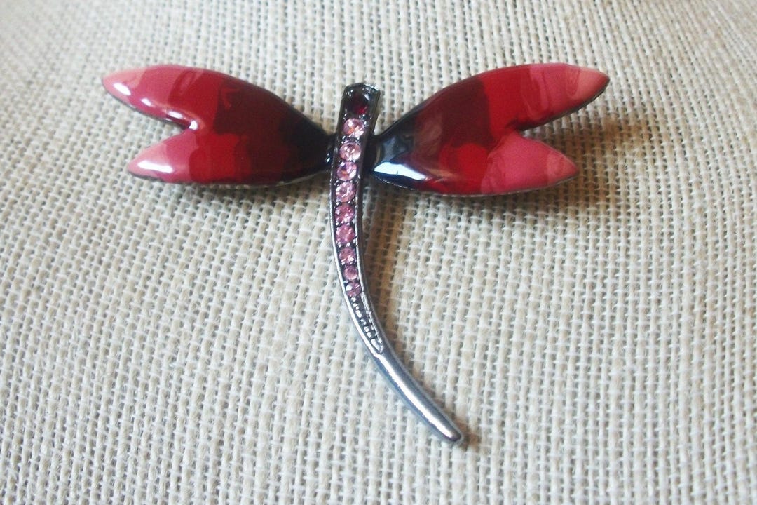 Large Vintage Jewelry Fiery Red Enameled Wings Rhinestones Dragonfly ...