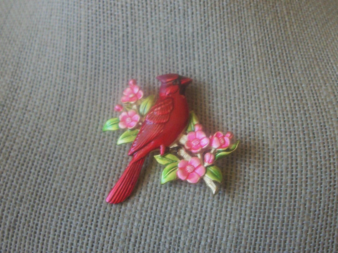 RARE Vintage Signed JJ Red Cardinal Bird Dogwood Branch Gold Tone ...