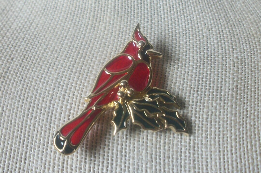 Vintage Jewelry Cardinal Bird Red Glass Enameled Sitting on Branch Gold ...