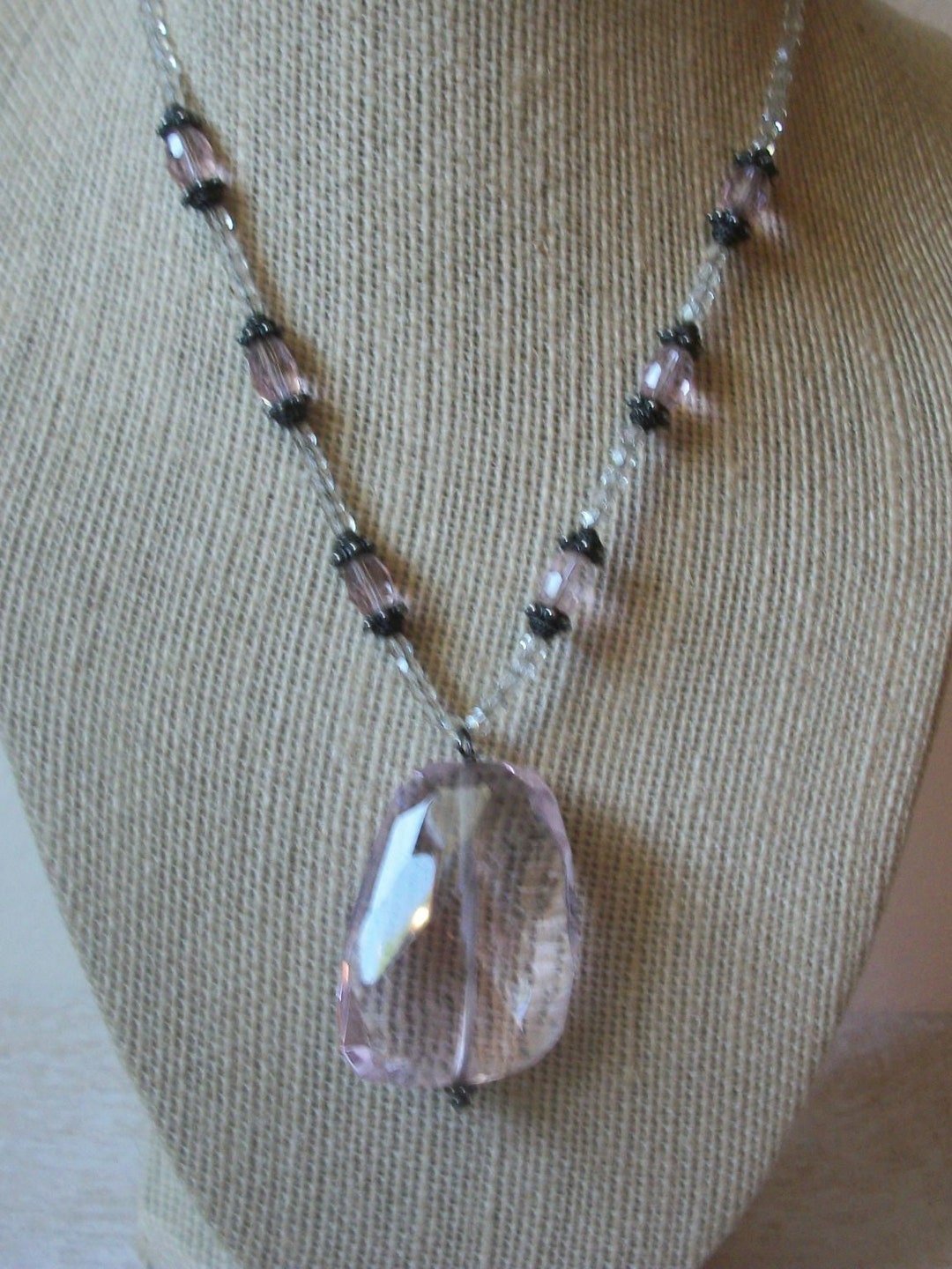 Pale Pink Clear Crystal Glass, Bali Silver Tone Bead Caps, Pendant 18 ...