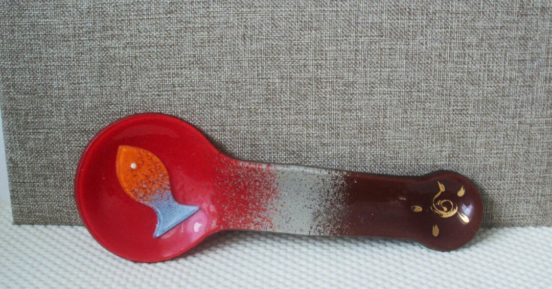Vintage Spoon Rest Fire Glazed Hot Red Spicy Fish Symbol Glass Hand ...