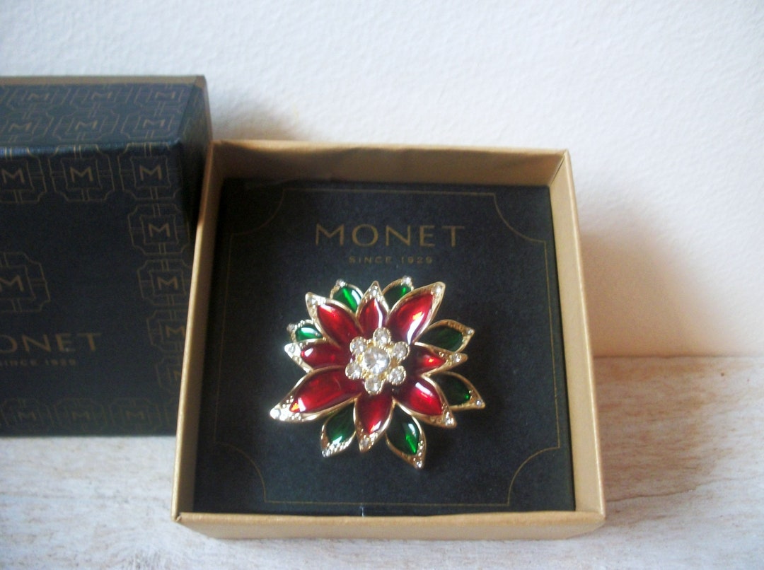 Vintage Signed MONET Enameled Green Red Clear Rhinestones Poinsettia ...