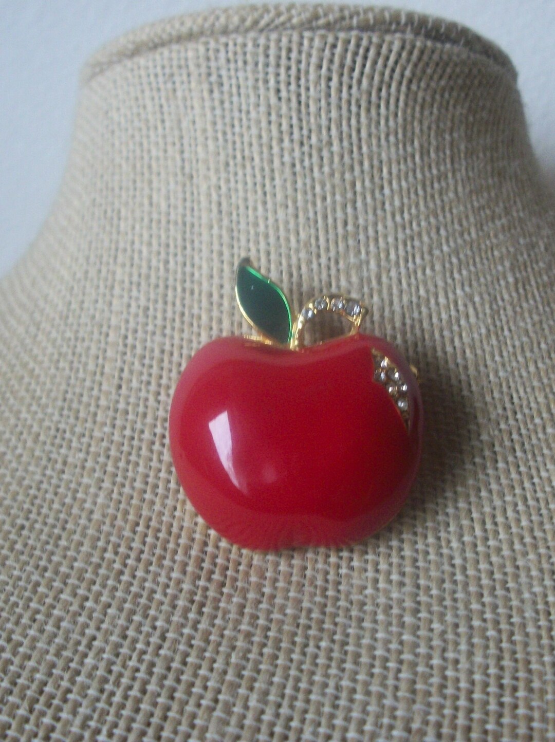 Vintage Jewelry Red Green Enameled Apple Clear Rhinestones - Etsy