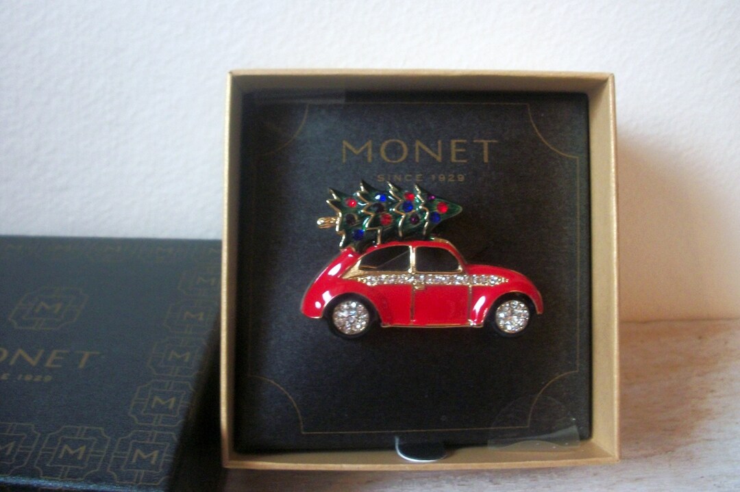 Vintage Signed MONET Enameled Red Car Clear Rhinestones Christmas Tree ...