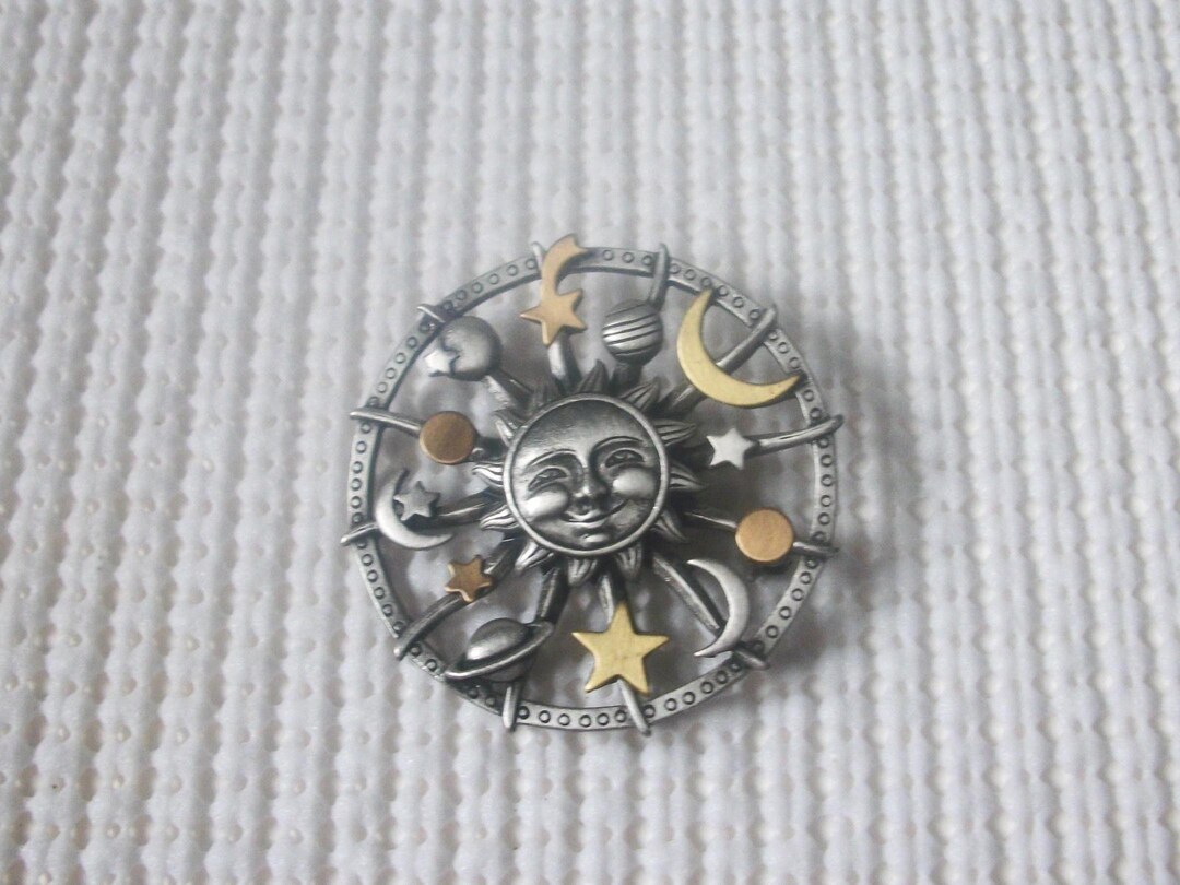 Vintage Brooch Pin Sun Dial Multi Tone, Sun Moon Stars Silver Gold Tone ...