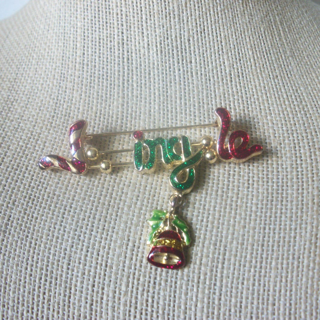 Vintage Brooch Pin Slider Jingle Christmas Enameled, Gold Tone, 82717 ...