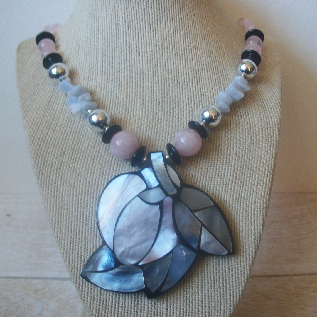 Vintage Jewelry 21" Long Large FLOWER Pendant Paua Abalone Inlay Rose ...