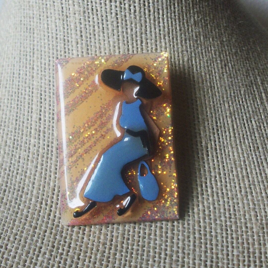 RARE Vintage Brooch Pin Woman Pins by Lucinda Glitter Blue Dress Lady ...