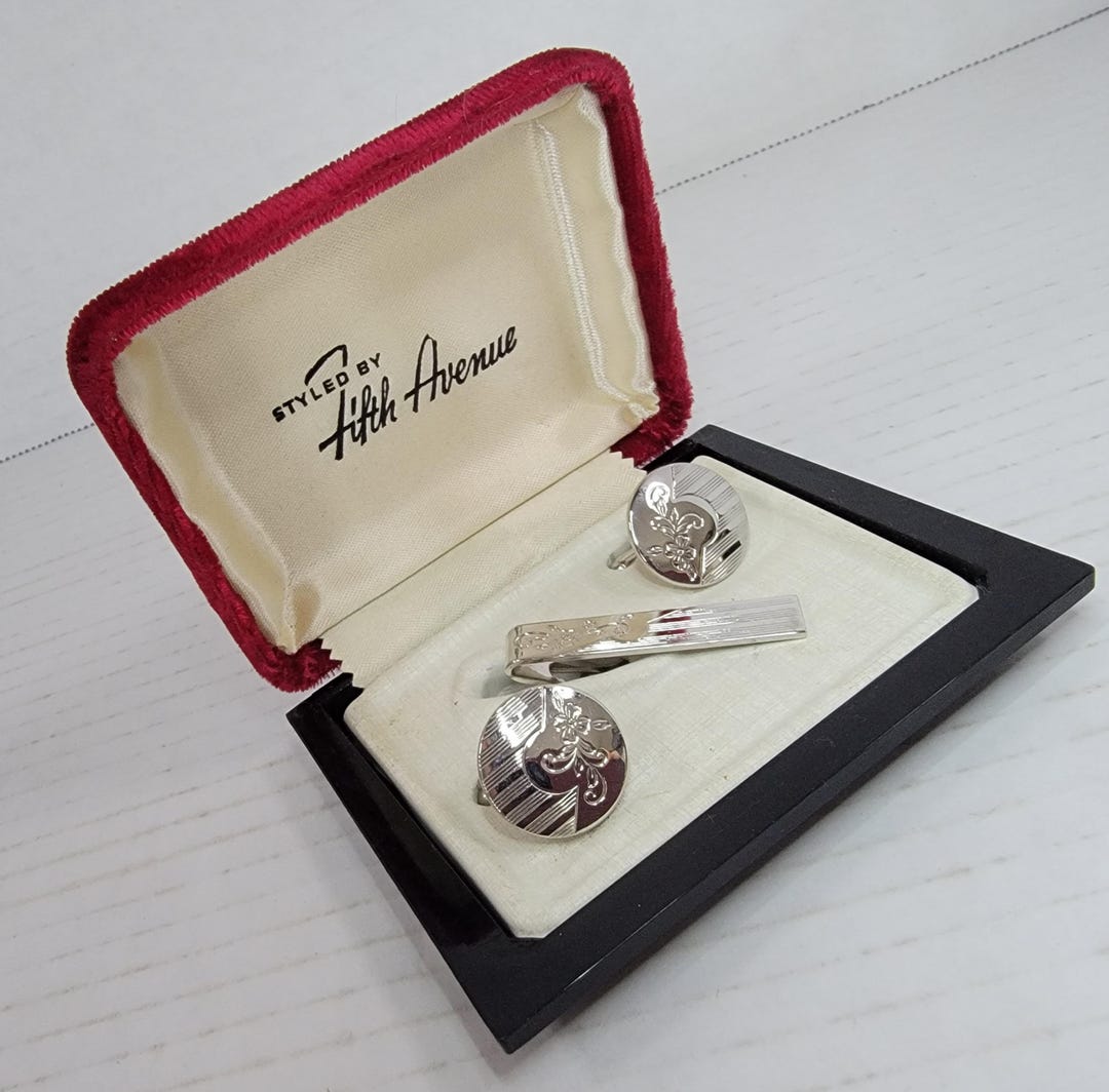 Mens ~ Vintage ~ Cuff Links ~ Art ~ Deco ~ in Box ~ Etched Silver Metal ...