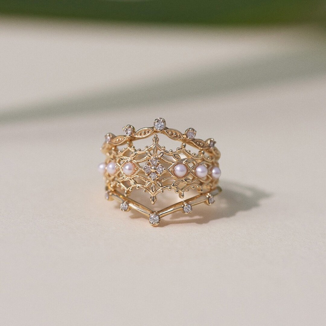 Julia Katherine Rosette Freshwater Pearl Trio Ring Set, Golden Lace ...